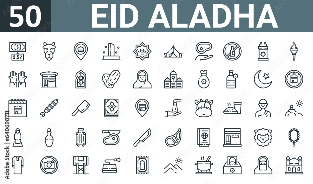 Vetor do Stock: set of 50 outline web eid aladha icons such as zakat, camel, eid al adha, eid al ...