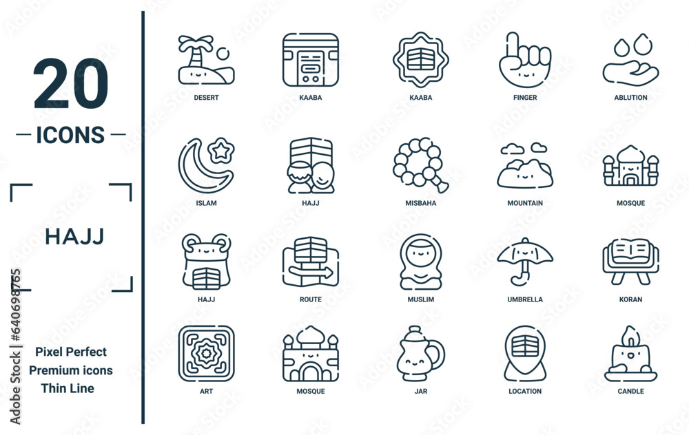 hajj linear icon set. includes thin line desert, islam, hajj, art ...