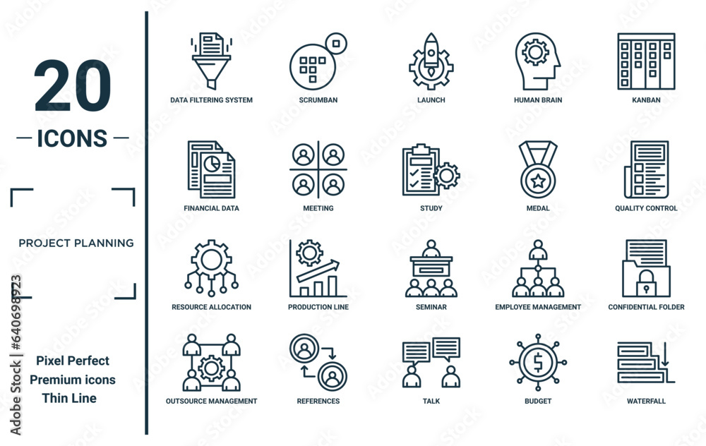 project planning linear icon set. includes thin line data filtering system, financial data ...