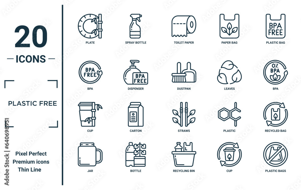 plastic free linear icon set. includes thin line plate, bpa, cup, jar, plastic bags, dustpan ...