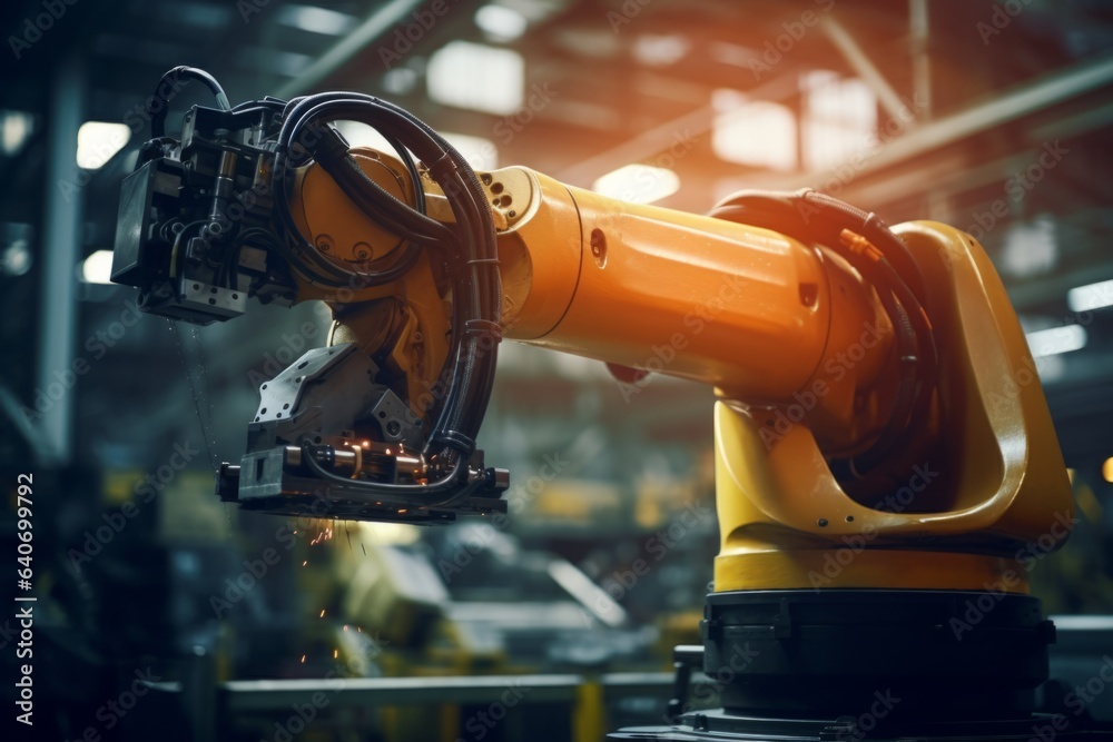 Precise robotic manipulator machine welding hand at factory's assembly ...