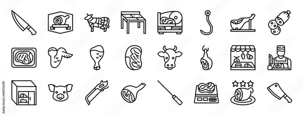 set of 24 outline web butcher shop icons such as knife, label, cow ...