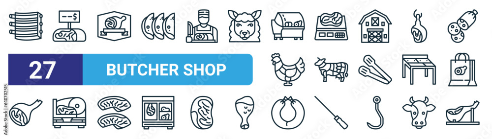 set of 27 outline web butcher shop icons such as ribs, price, label ...