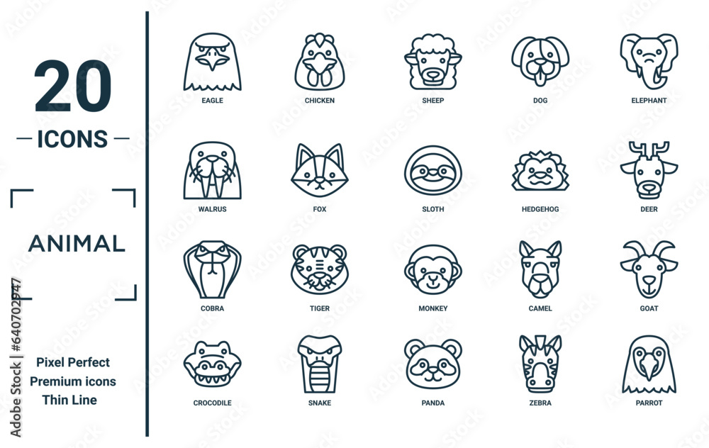 animal linear icon set. includes thin line eagle, walrus, cobra ...