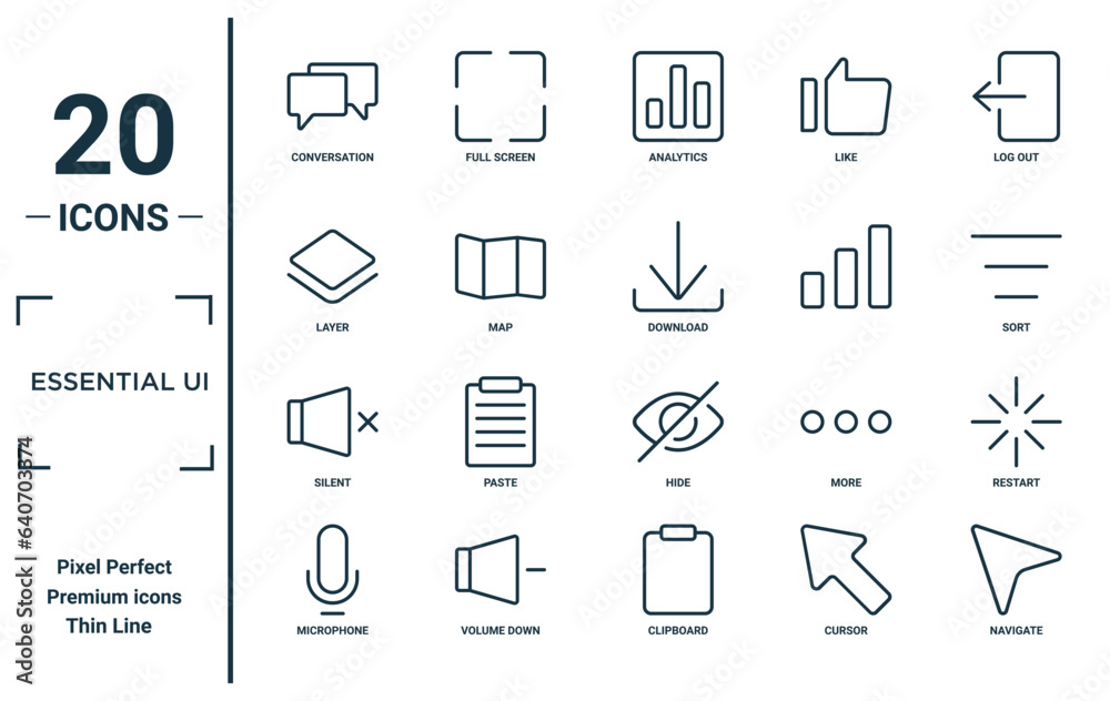 Vetor de essential ui linear icon set. includes thin line conversation, layer, silent ...