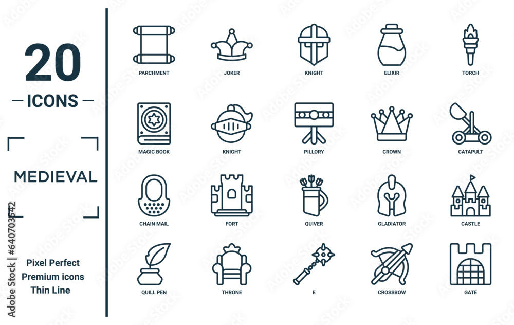 medieval linear icon set. includes thin line parchment, magic book ...