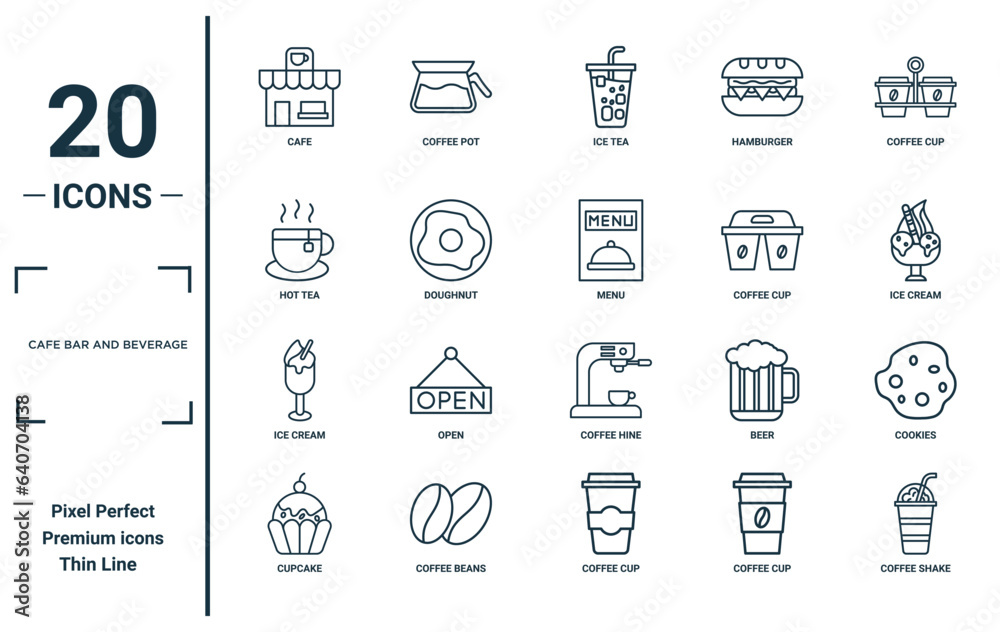 cafe bar and beverage linear icon set. includes thin line cafe, hot tea ...