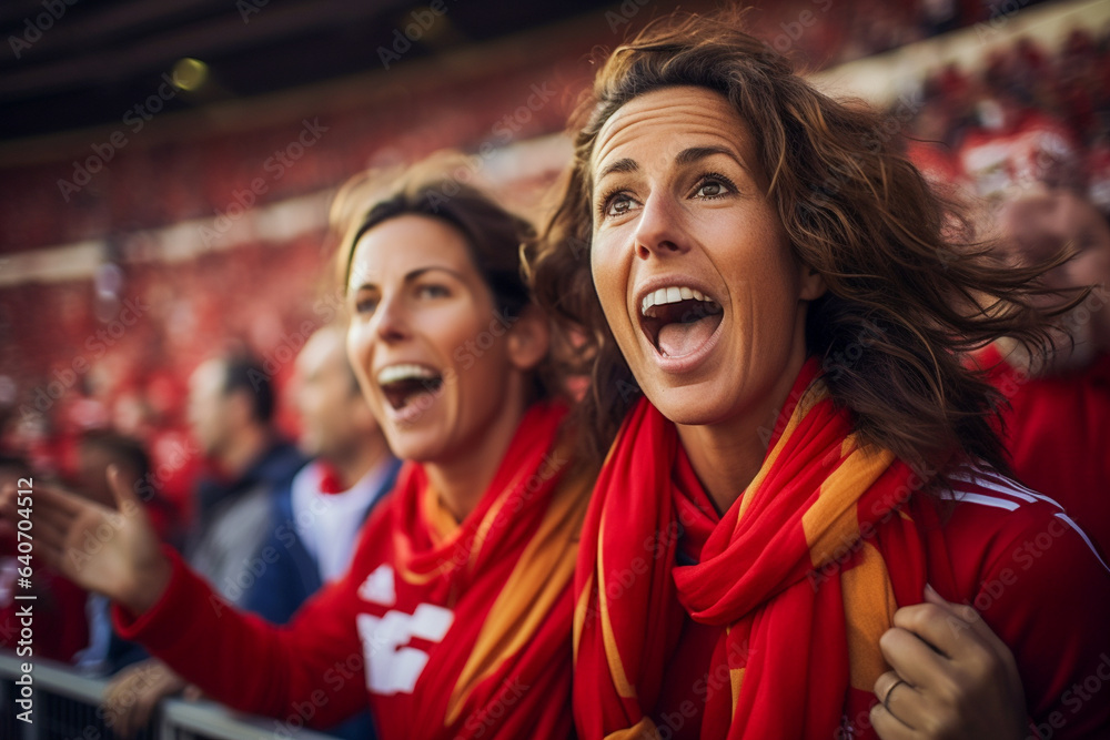 Spanish female soccer fans in a World Cup stadium celebrating Spanish ...