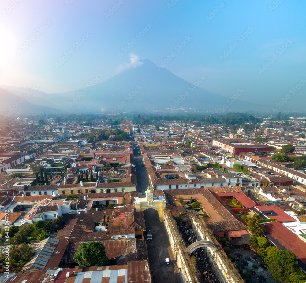 Aerial drone view of the colonial city of Antigua, Guatemala, with the ...