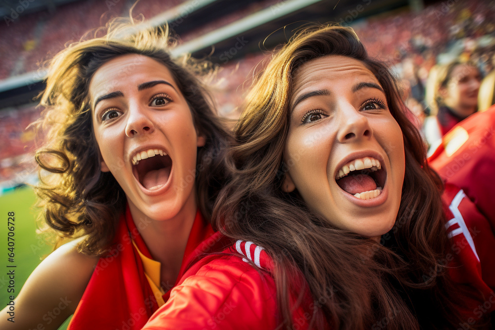 Spanish female soccer fans in a World Cup stadium celebrating Spanish ...