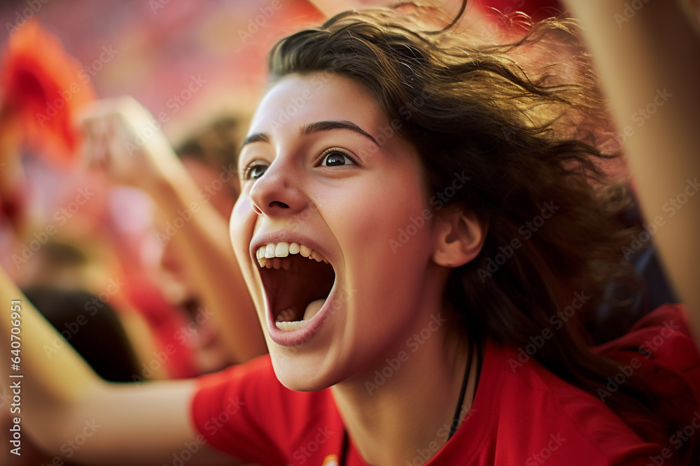 Spanish female soccer fans in a World Cup stadium celebrating Spanish ...