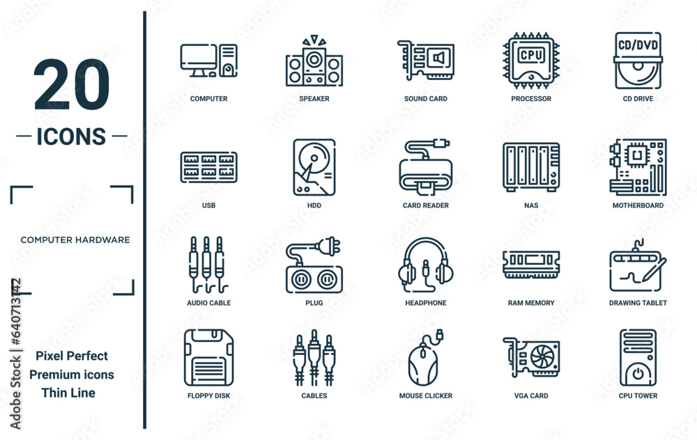 computer hardware linear icon set. includes thin line computer, usb ...