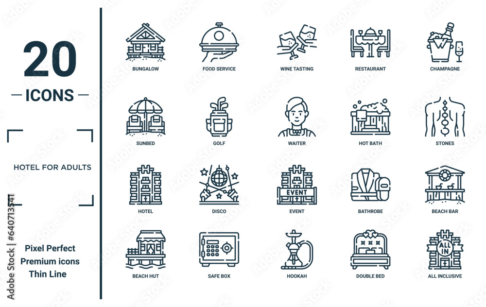 hotel for adults linear icon set. includes thin line bungalow, sunbed ...