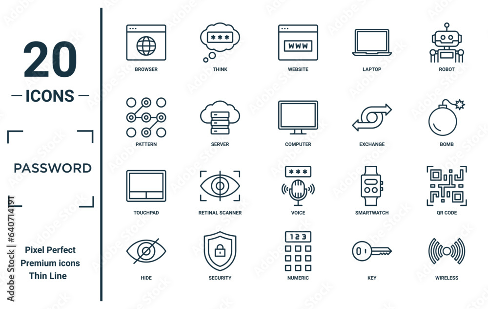 Vetor de password linear icon set. includes thin line browser, pattern, touchpad, hide, wireless ...
