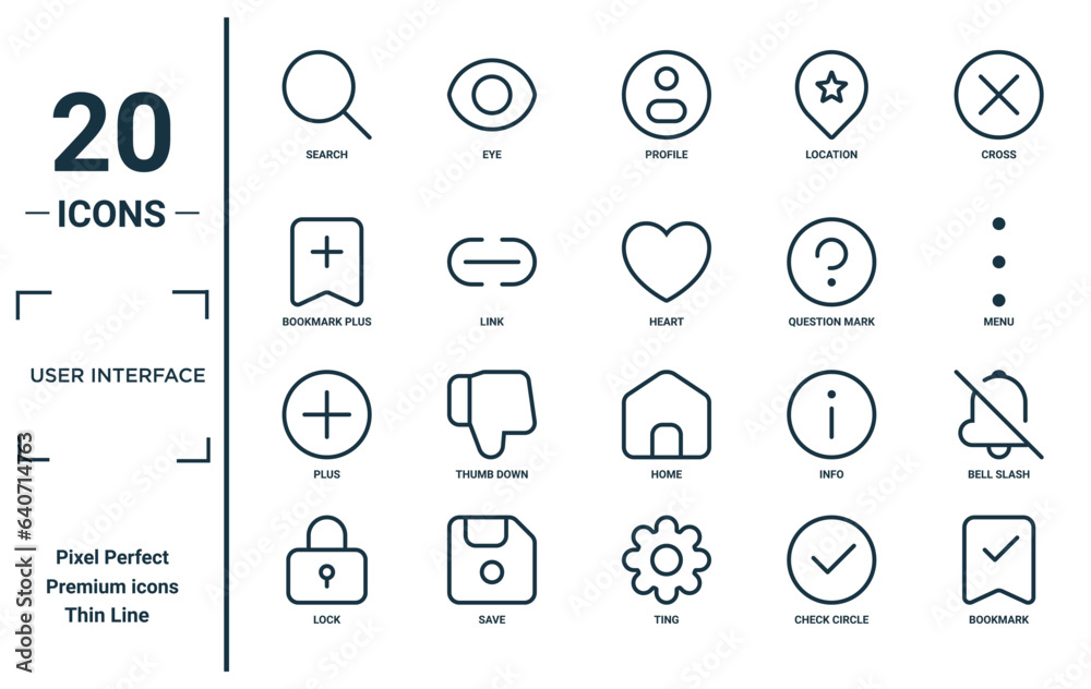 user interface linear icon set. includes thin line search, bookmark ...