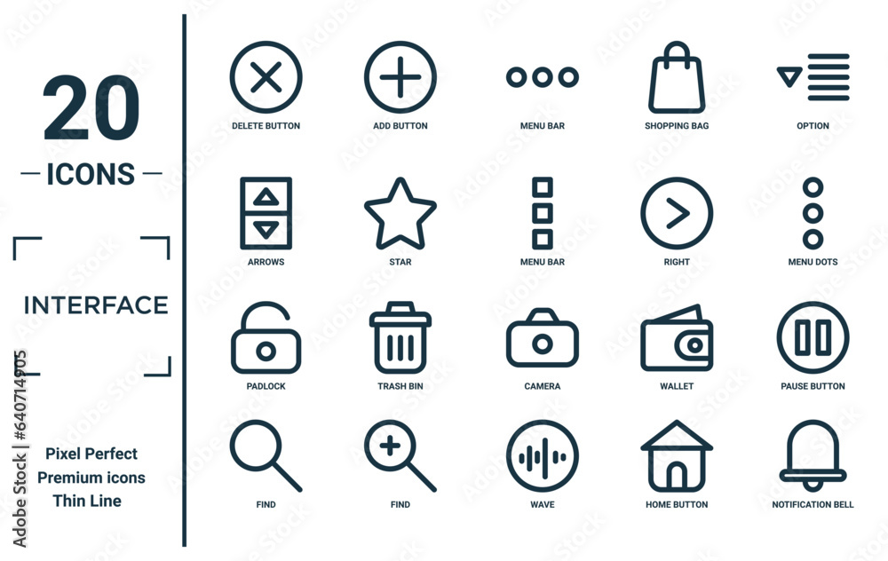 interface linear icon set. includes thin line delete button, arrows, padlock, find, notification ...