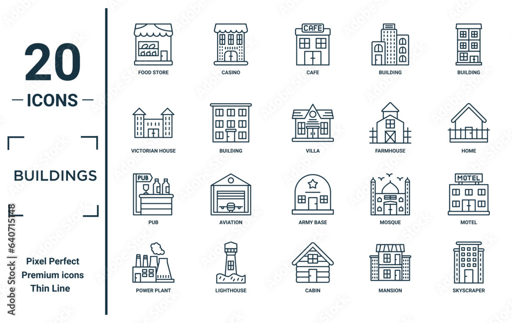 buildings linear icon set. includes thin line food store, victorian ...