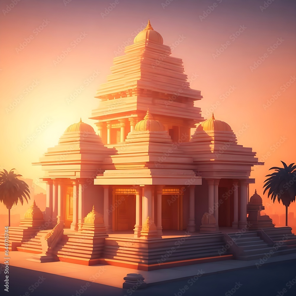 Realistic Hindu temple at sunset, 3D renderings. Computer digital ...