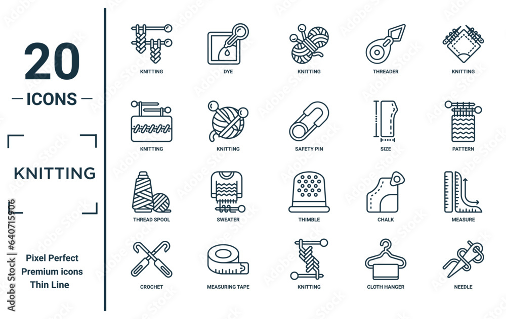 Vetor de knitting linear icon set. includes thin line knitting ...