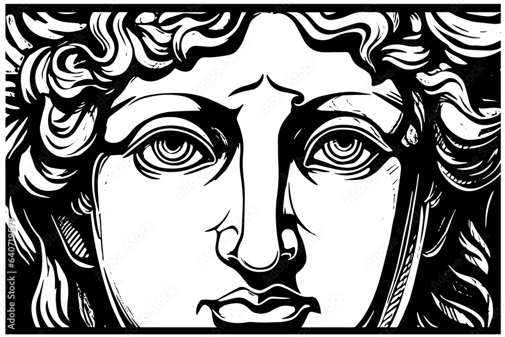 Сracked statue face of greek sculpture hand drawn engraving style ...