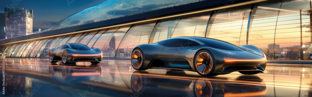 Automated self driving futuristic electric car driving at modern city ...