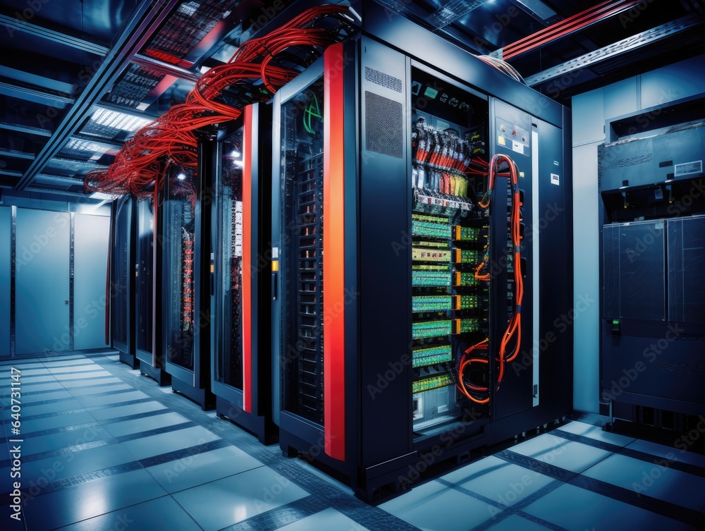 Side view of rows with various servers in modern data center ...