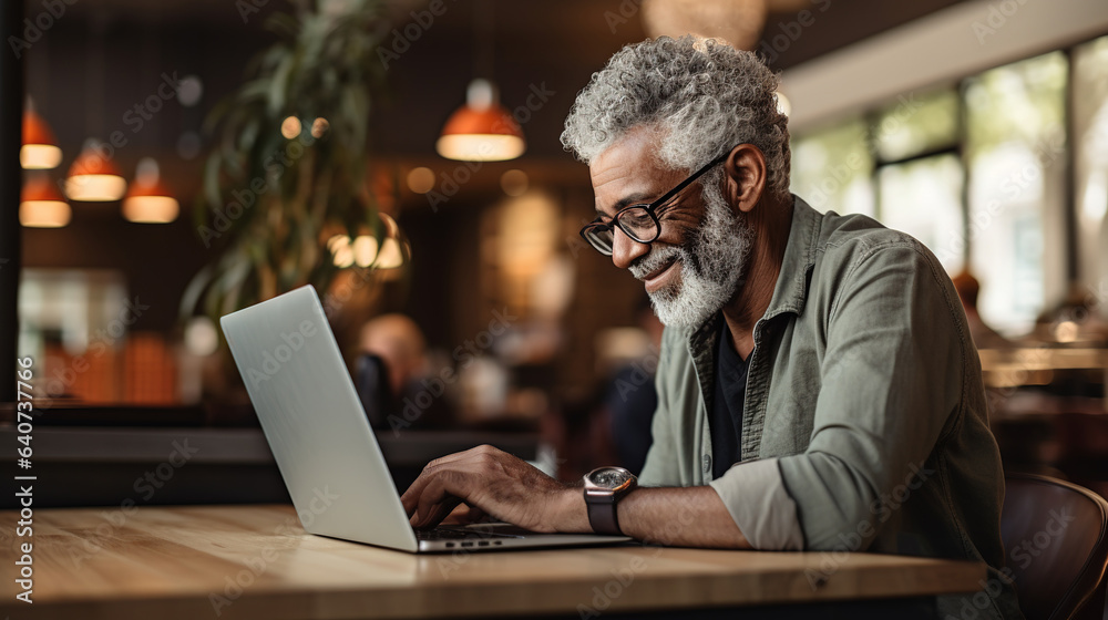 Older black man using his laptop computer at a coffee shop table. Older ...