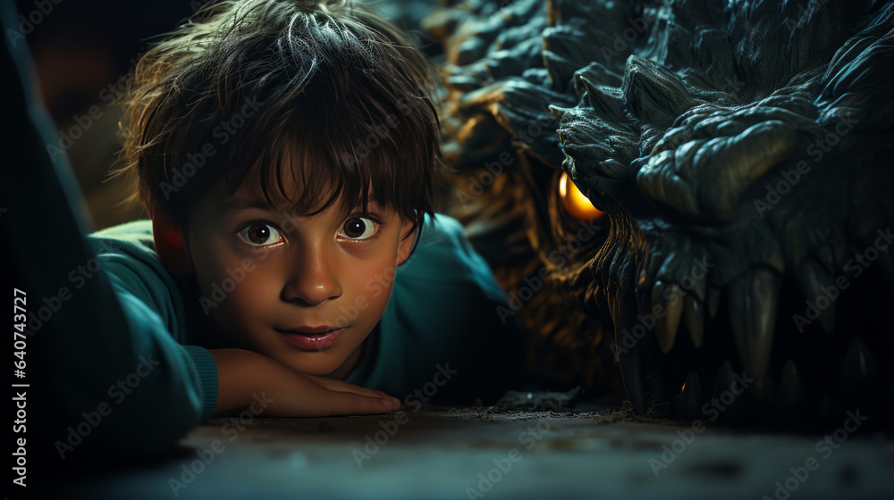 Captivating depiction of a child terrified by mysterious monster ...