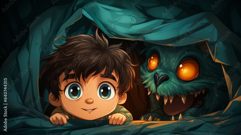 Thrilling image of a terrified child and an eerie monster lurking under ...