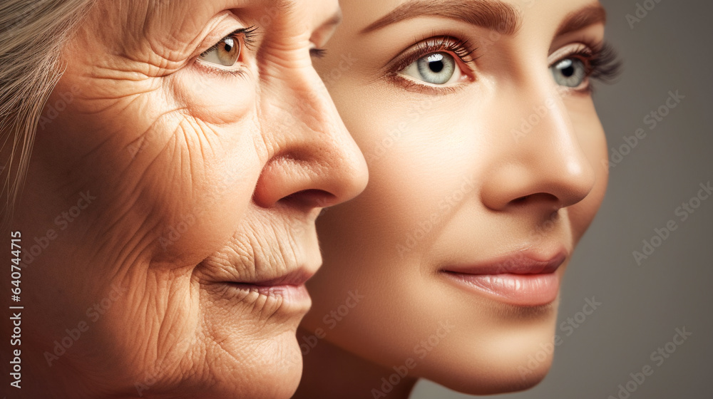 Faces of Young and Old Women. Concept Of Aging And Skin Care. AI Generated Stock Illustration ...