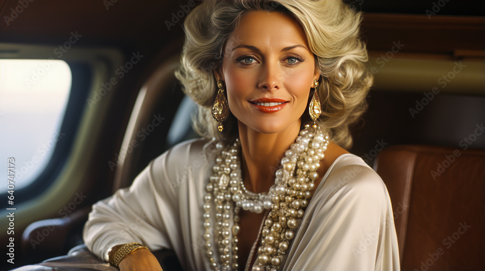 Affluent woman in her 50s with pearls, sharing a warm smile before a ...