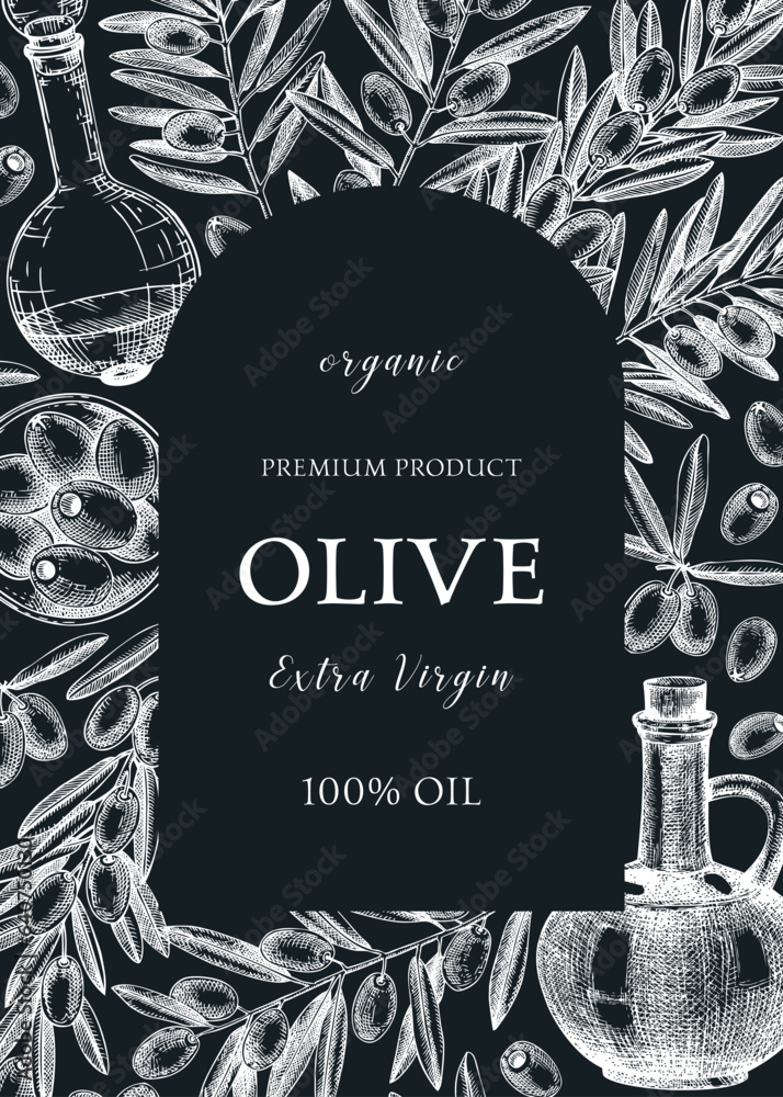 Olive oil background on chalkboard. Hand-drawn vector illustration ...
