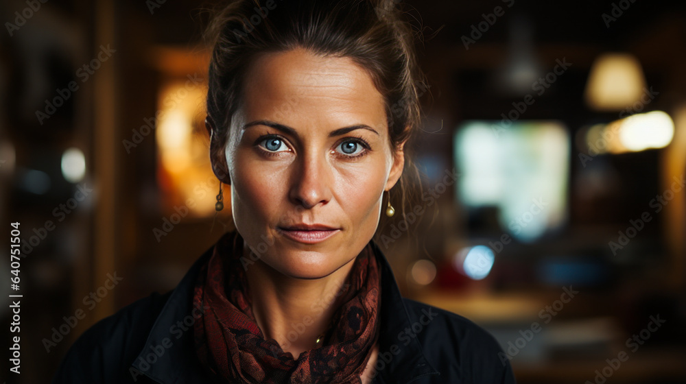 Moving portrait of reflective woman aged 40s, set against a melancholic ...