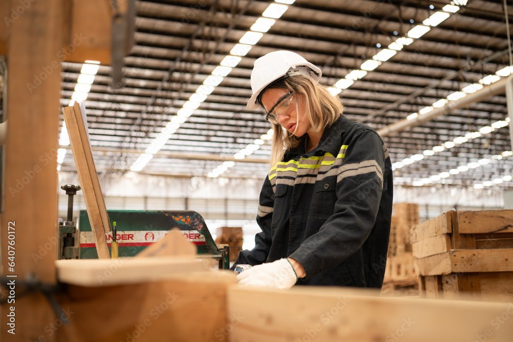 Female carpenter working in a woodworking factory, She is wearing a ...