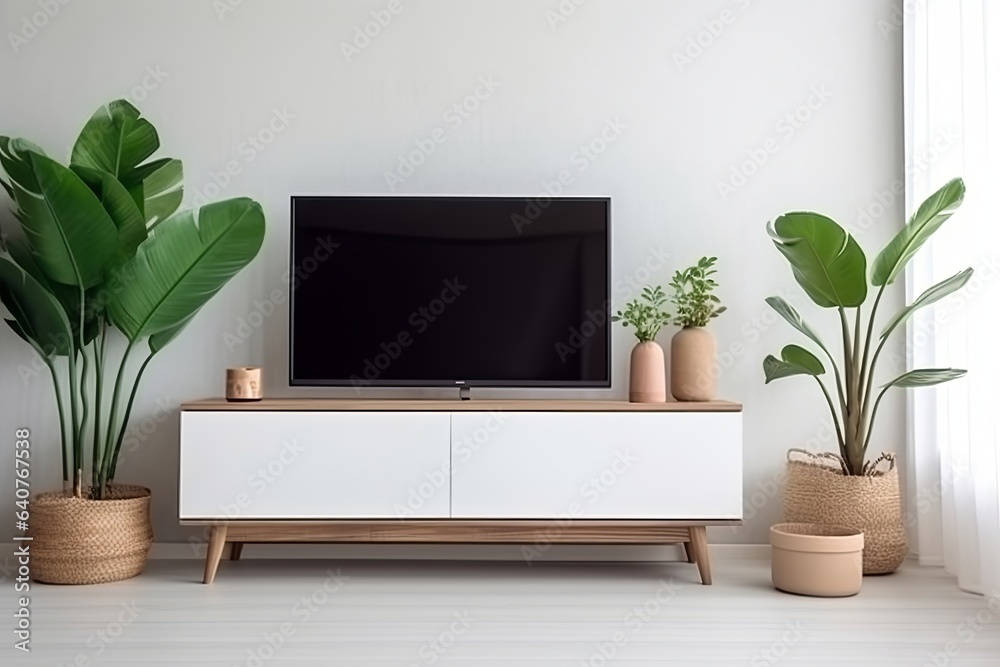Television put on tv stand wood table, in minimal empty space ...