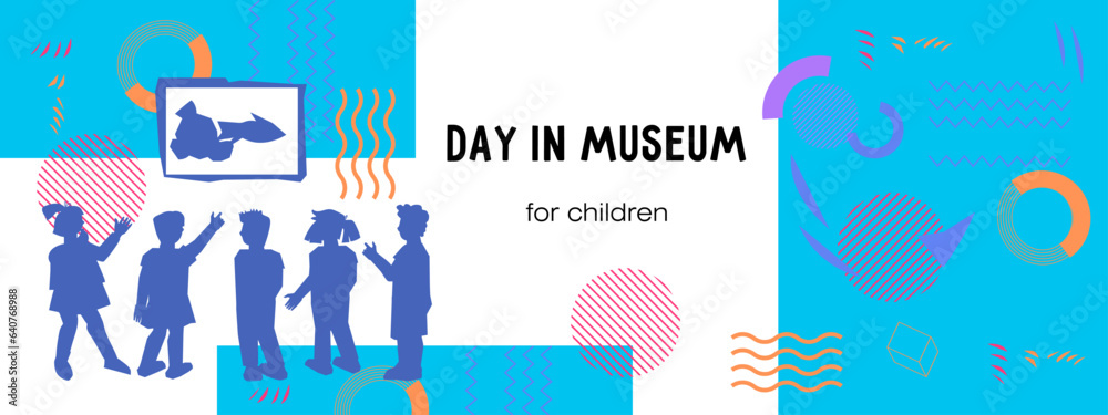 Museum ticket or poster template with kids looking at exhibits, flat ...