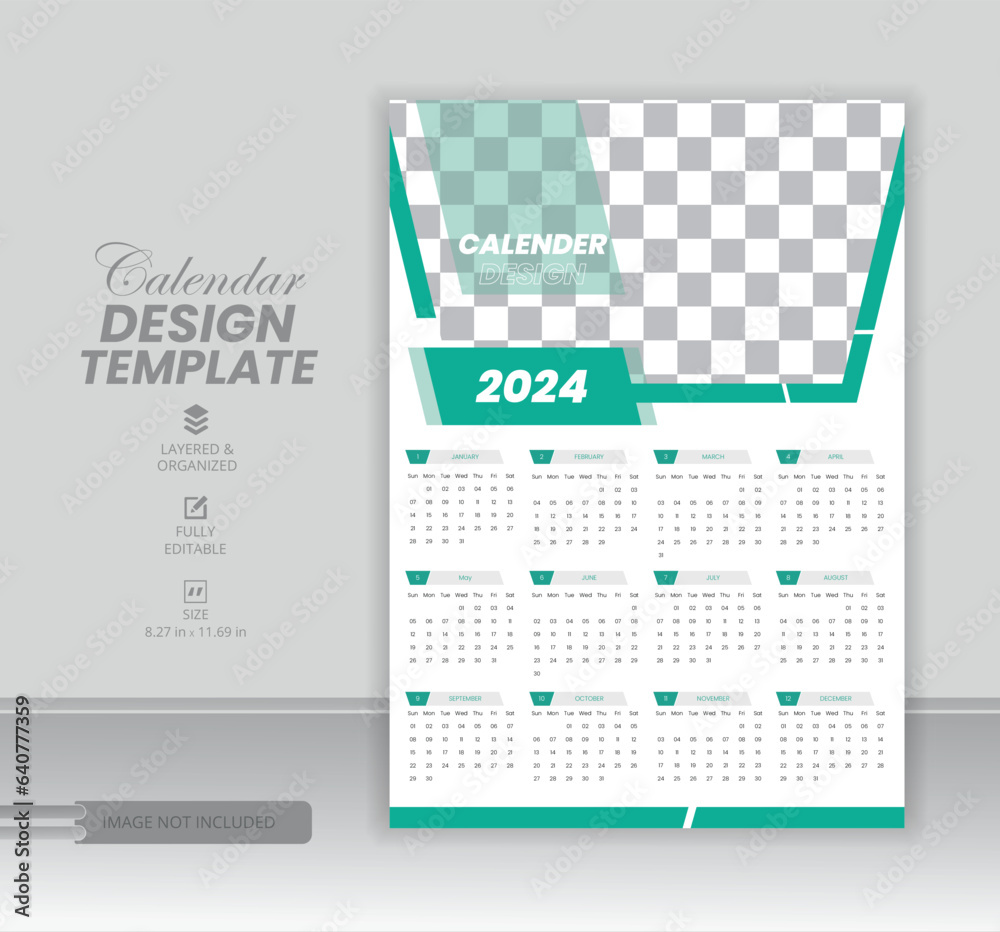 2024 Wall Calendar Planner Template, and cover with Place for Photo ...