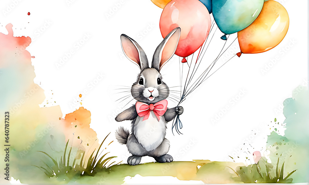 Standing cute little bunny holding balloons for children's book ...