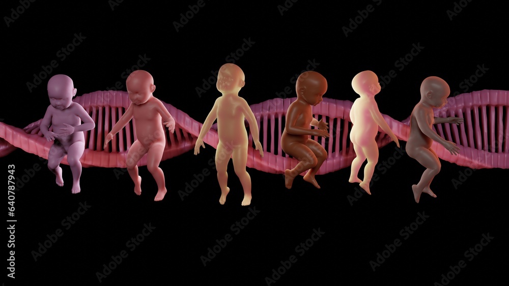 Babies with DNA strands in background. Diverse human infants of ...
