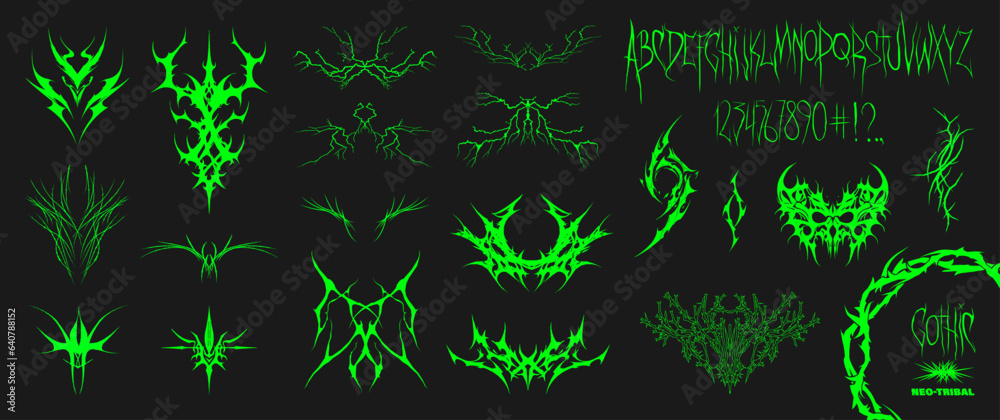 Neo-tribal elements, patterns reimagined in a modern gothic style with ...