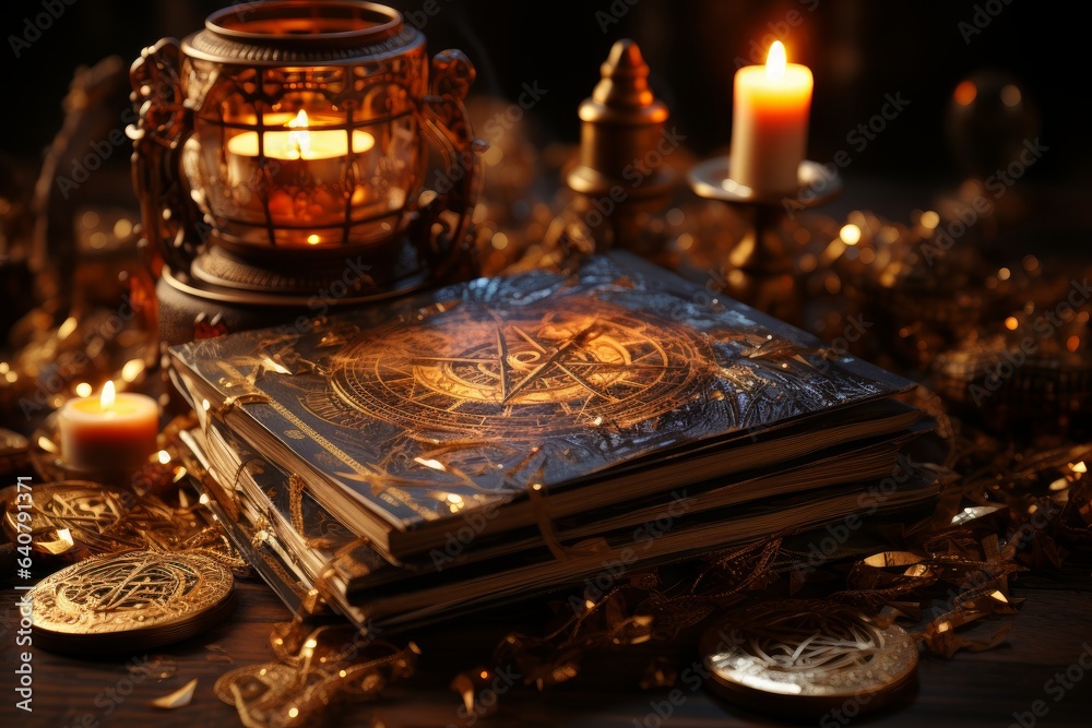 consultation of a fortune teller with tarot cards and occult tools ...