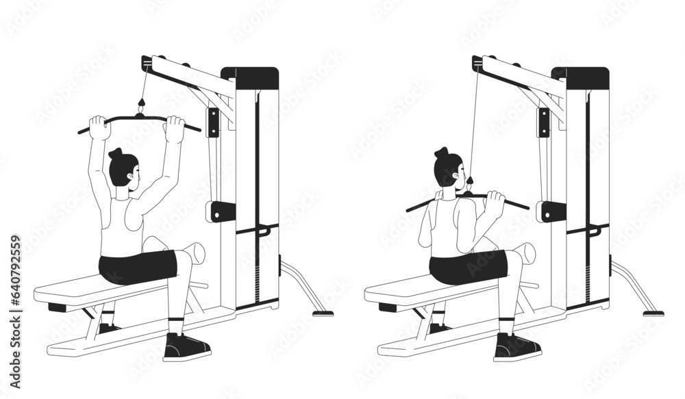 Muscle building with lat pulldown machine bw vector spot illustration ...
