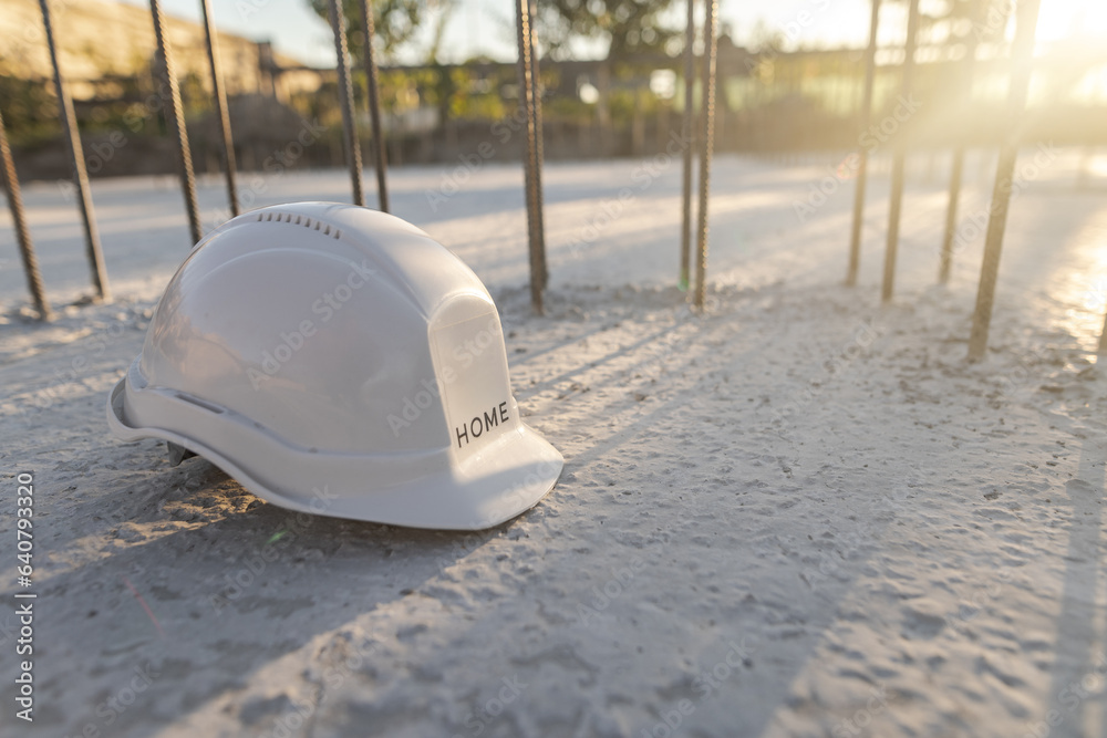 construction safety helmet at the construction site. protection concept ...