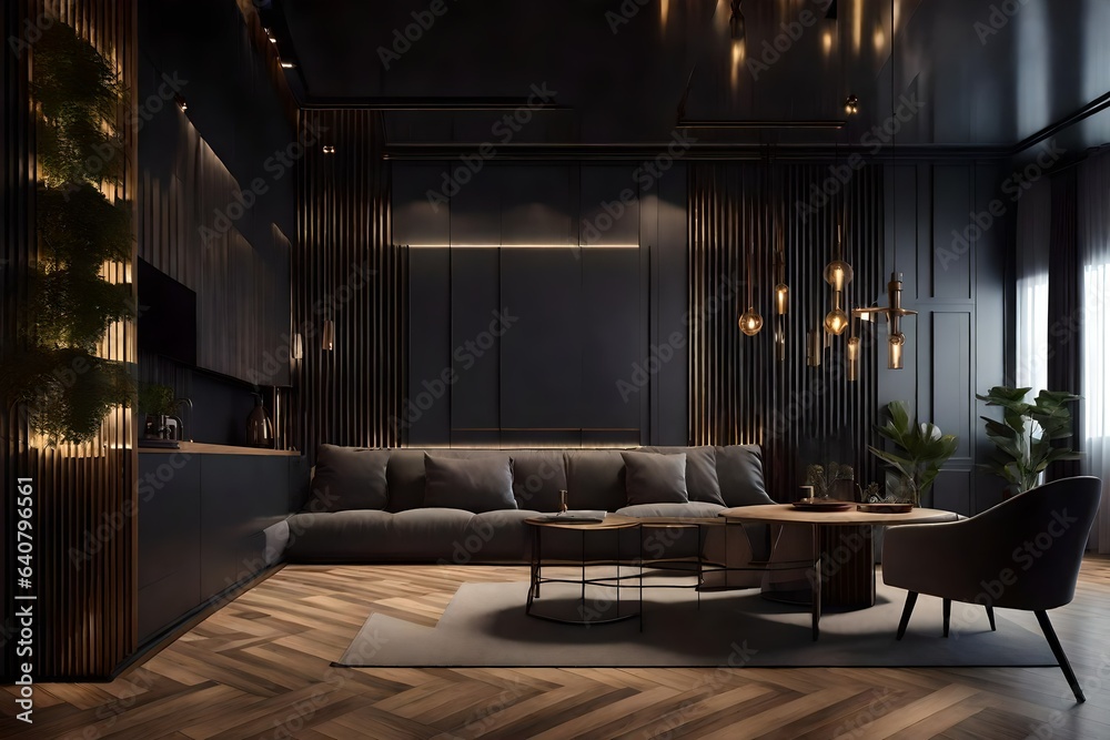 Stylish modern room area with wooden floor parquet and 3d panel wall ...