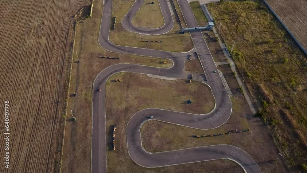 Aerial 4k footage of a karting race track. Drone shot of a Kart Circuit ...