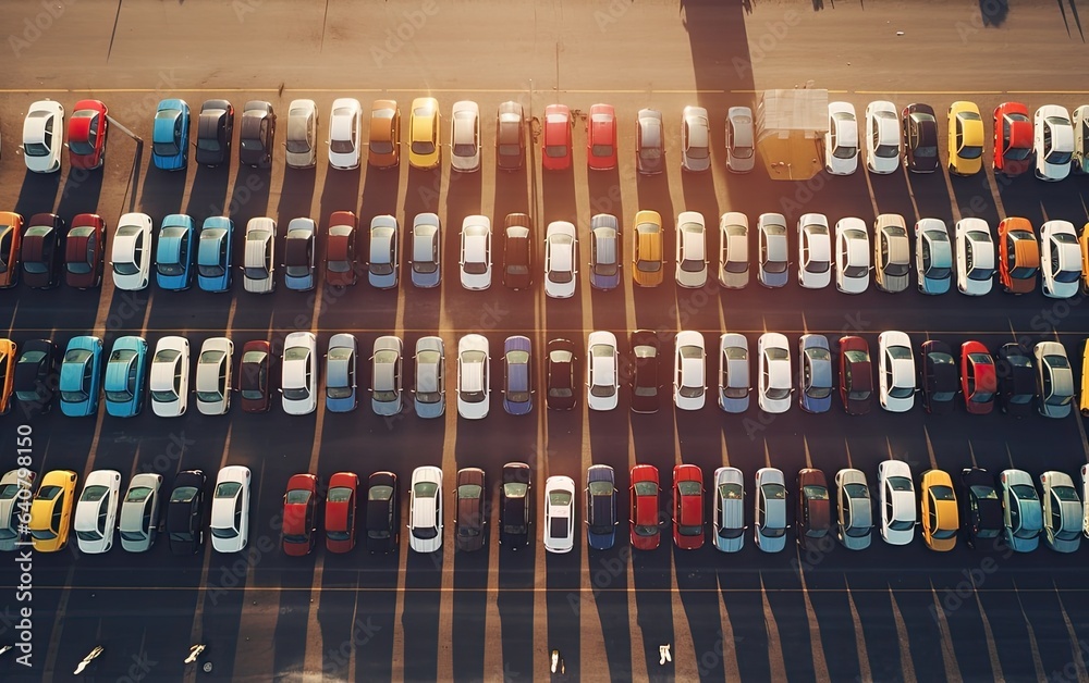 an aerial photo capturing the organized arrangement of brand-new cars ...
