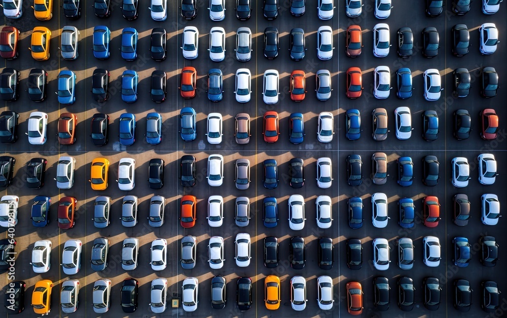 an aerial photo capturing the organized arrangement of brand-new cars ...