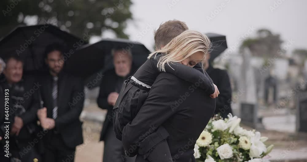 Sad, hug and a father and child at a grave for a funeral and mourning ...