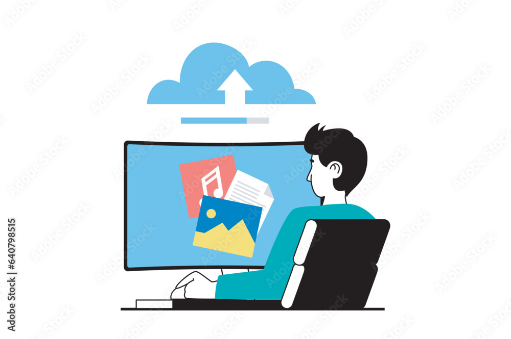 Cloud computing concept with people scene in flat web design. Man ...