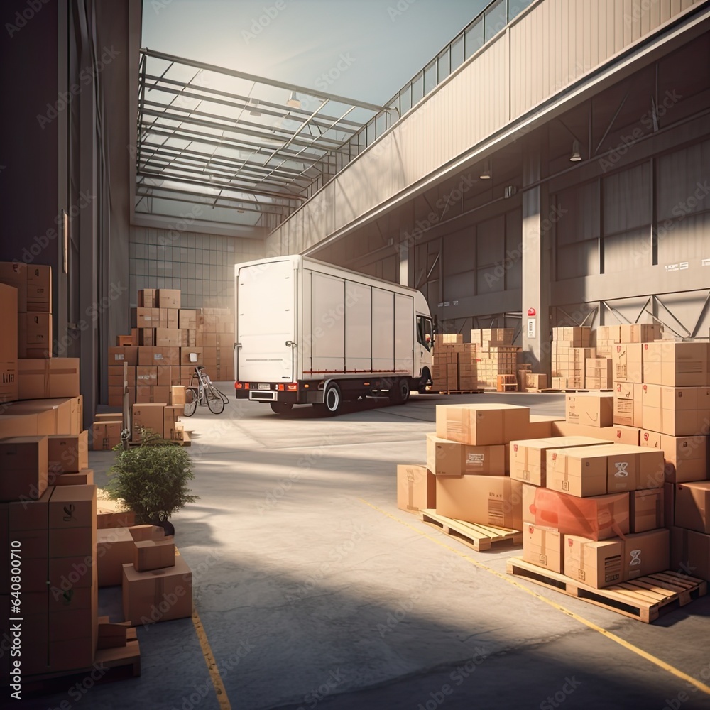 the exterior of a bustling logistics warehouse with its door wide open ...